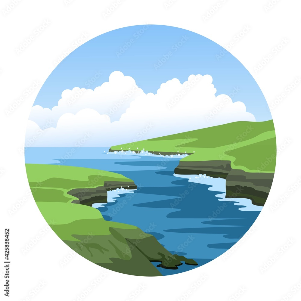 Sea nature landscape with green rocky coastlines and fluffy clouds ...