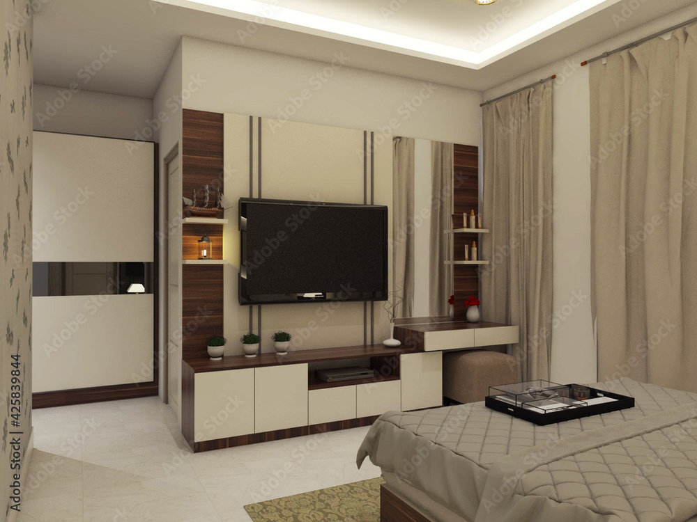 modern tv cabinet with minimalist table and wooden panel Stock ...