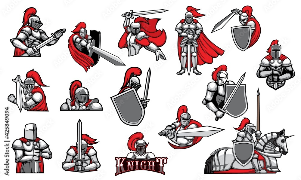 Knights with swords, isolated heraldic vector mascots. Heraldic symbols ...
