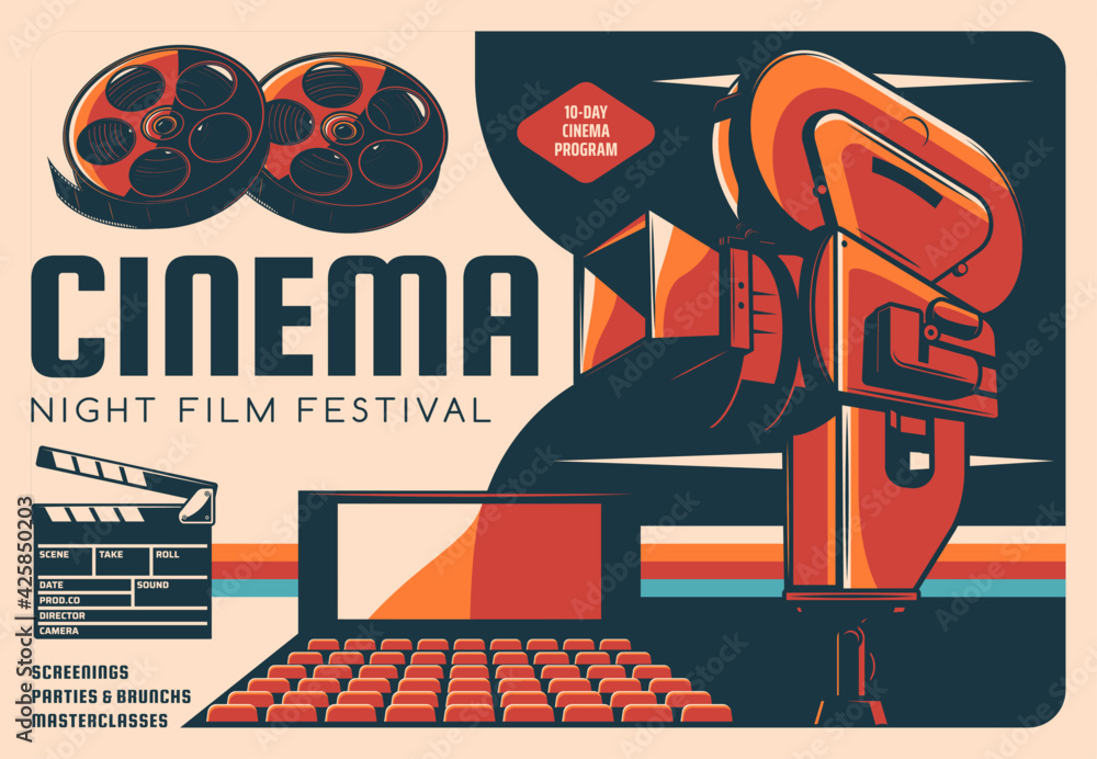 Cinema night film festival vector retro poster with movie theatre hall ...