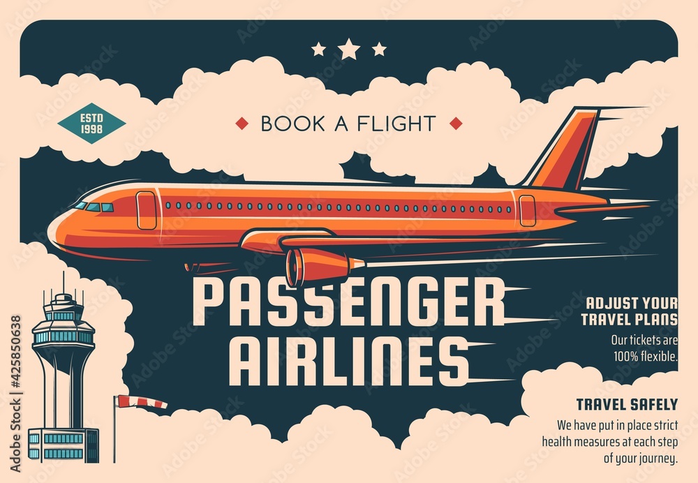 Passenger airline tickets booking service vintage vector poster ...