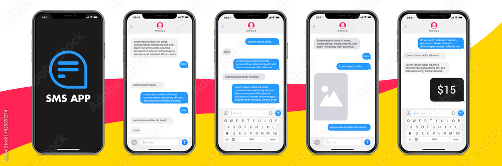 SMS app template on smartphone device vector set. Isolated messenger ...
