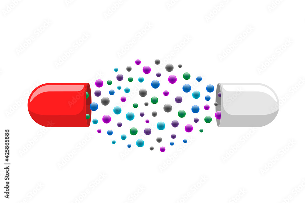 Medical capsule pill open with many colorful molecules. Medicine drug ...