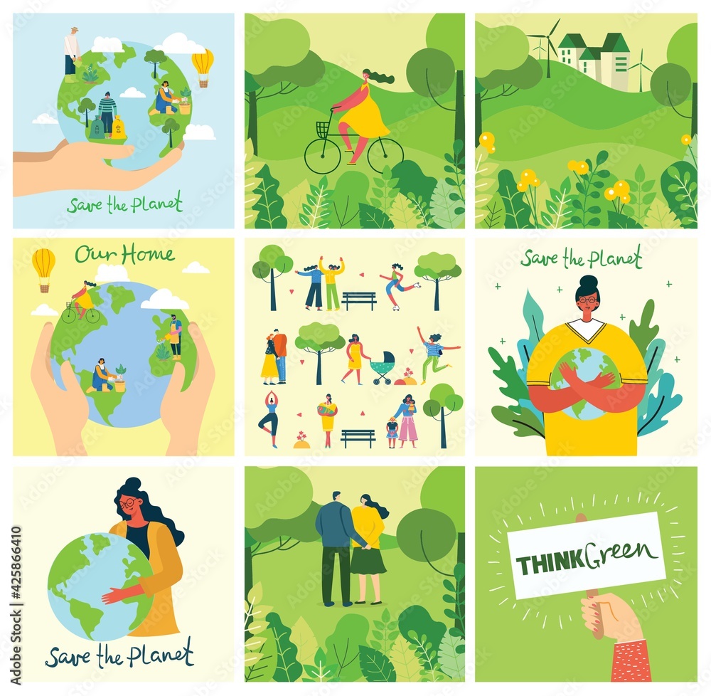 Set of eco save environment pictures. People taking care of planet ...