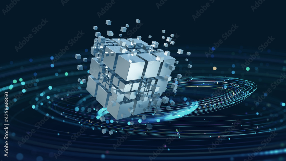 High-tech and data capture. Square blocks are collected in a cubic array against the background ...