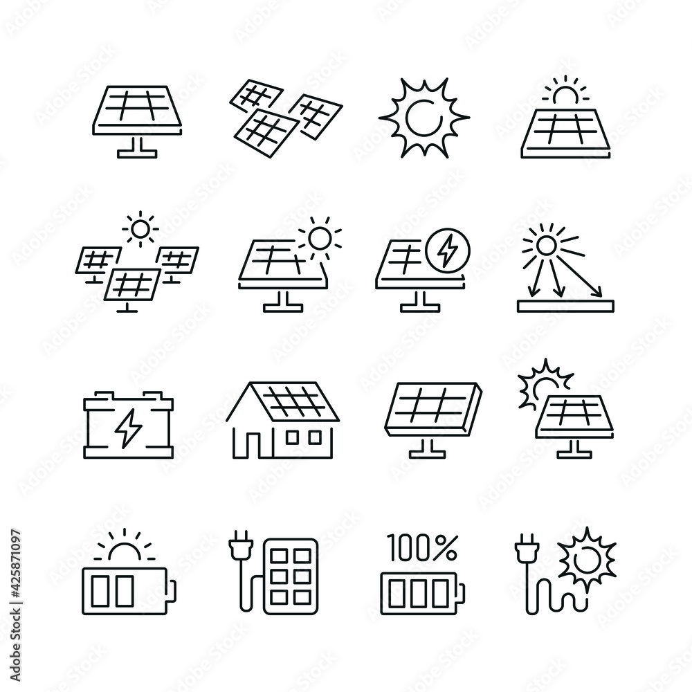 Solar panel related icons: thin vector icon set, black and white kit ...