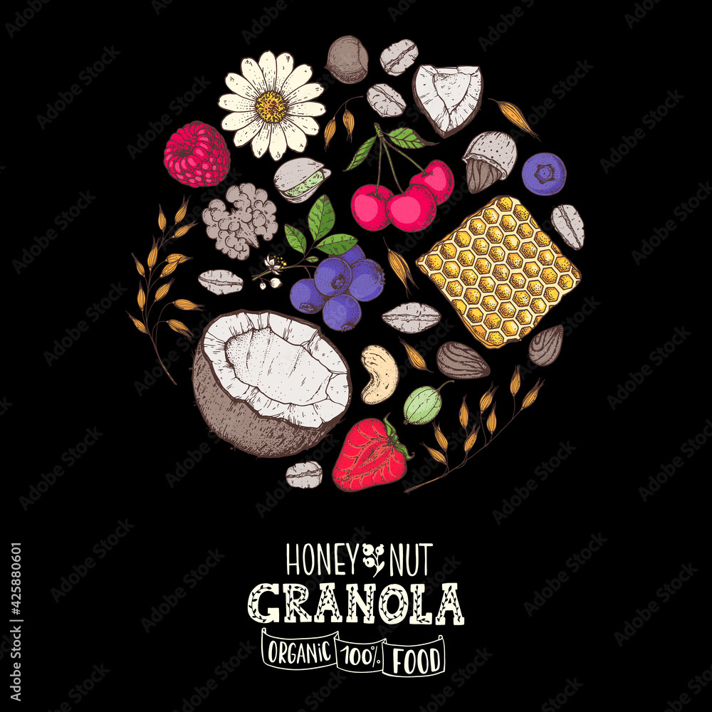 Granola sketch illustration. Breakfast label. Oat flakes , berries ...