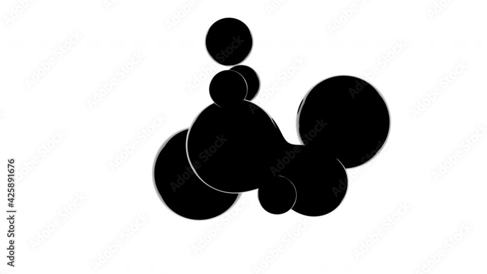3d render animation of black metaballs merging into an abstract shape floating on a white ...