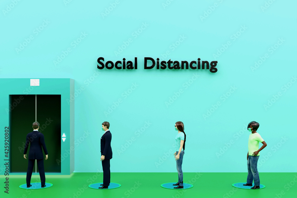 3D render of People wearing mask keep distance when waiting for ...
