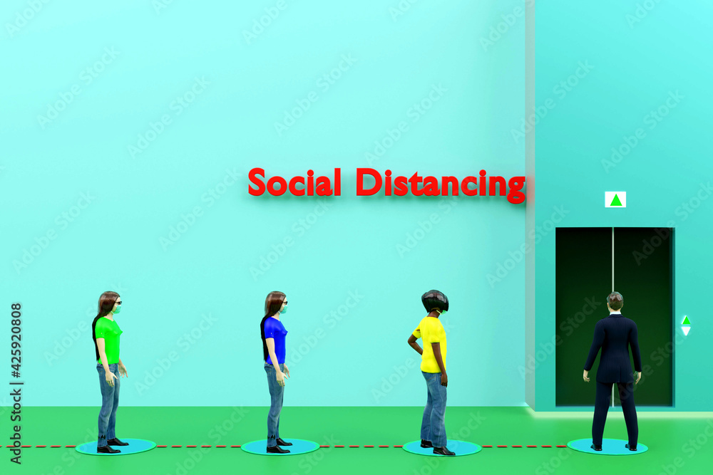 3D render of People wearing mask keep distance when waiting for ...