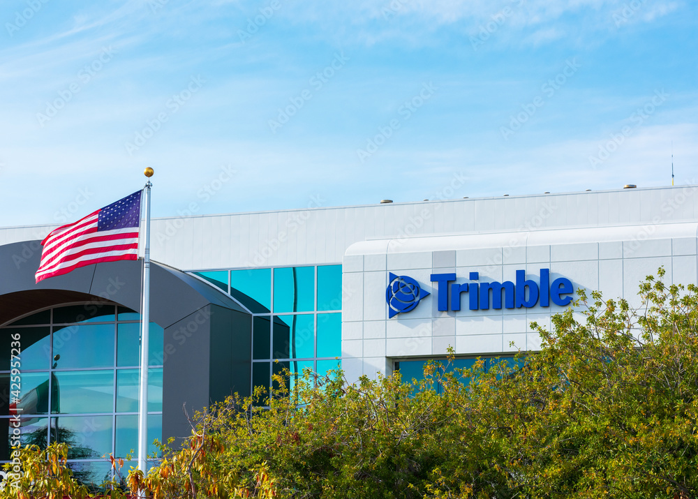 Trimble logo sign on on headquarters. Trimble develops positioning ...