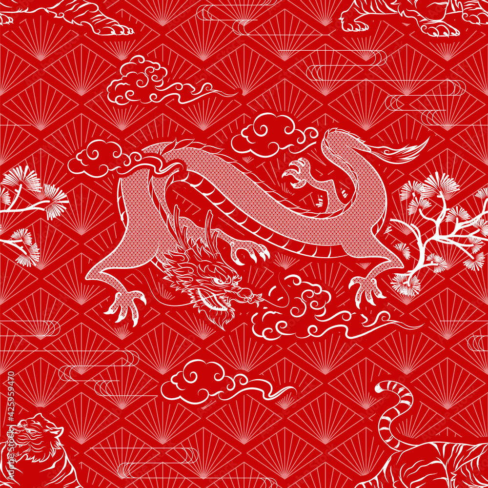 Seamless Art Japanese Repeat Pattern Bright and Dark Green Dragon ...