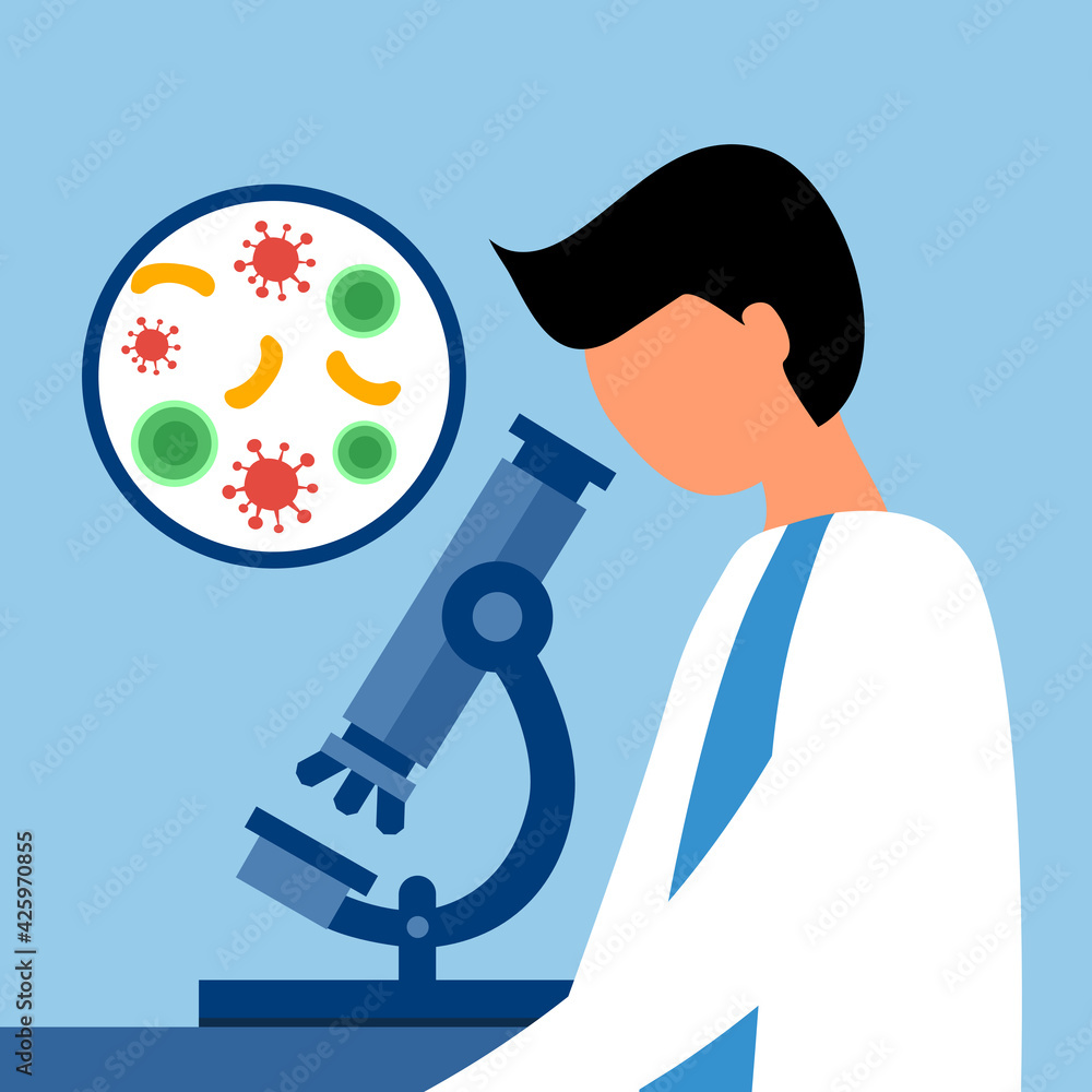 Scientist or lab technician studying bacteria and microorganisms with ...