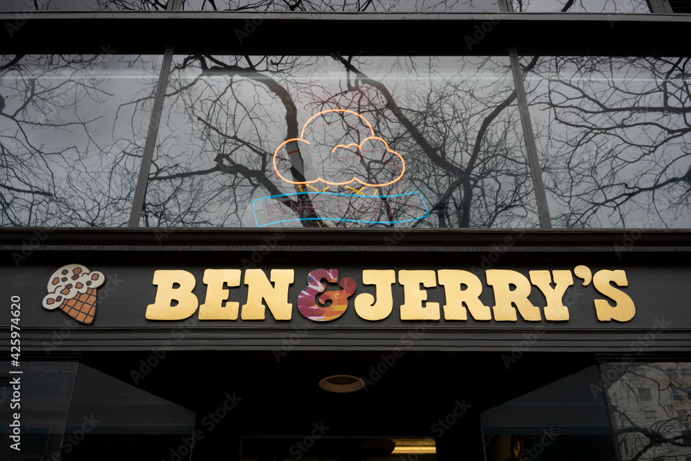 Portland, OR, USA - Mar 21, 2021: The Ben and Jerry's sign seen at the ...
