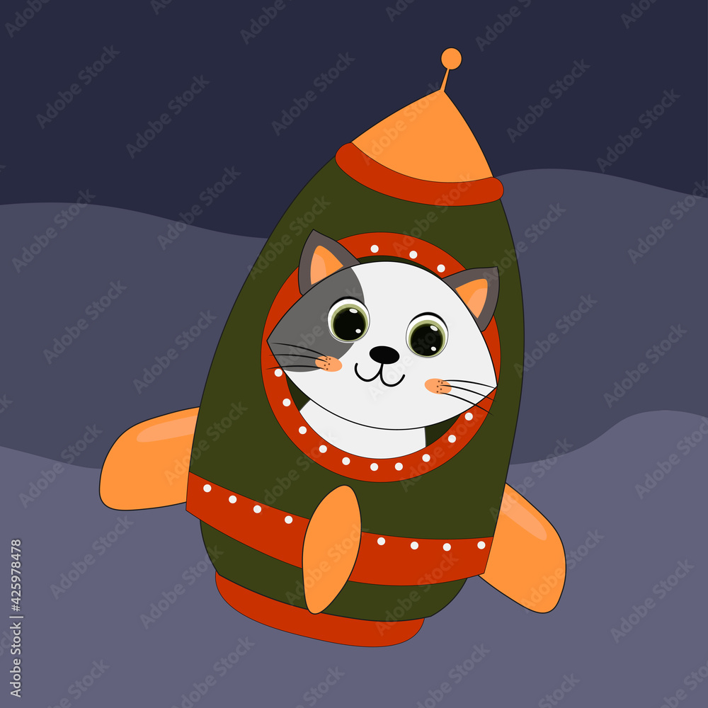 Cute baby little kitty in rocket. Vector illustration for baby shower ...