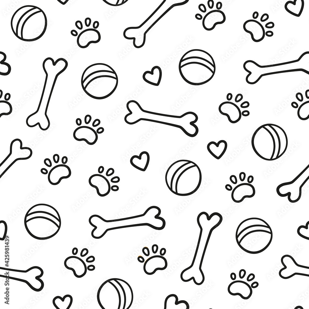 Seamless dog pattern with bones, paw prints, balls and hearts. Dog ...