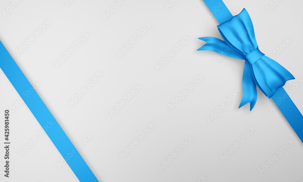 Blank white background with blue diagonal ribbons and bow in the corner ...