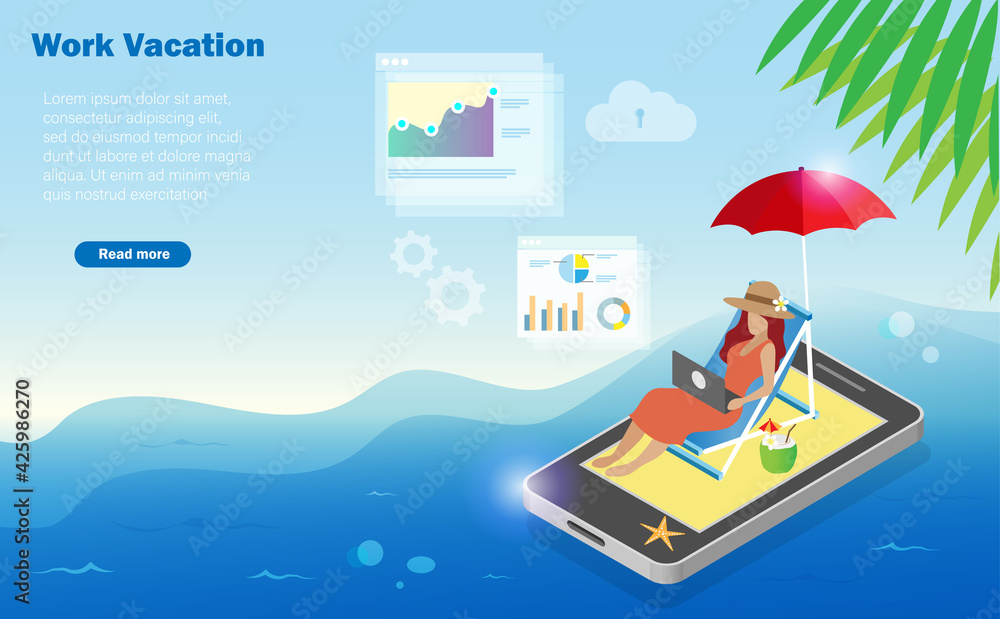 Working on vacation concept. Woman sitting on smartphone at beach ...
