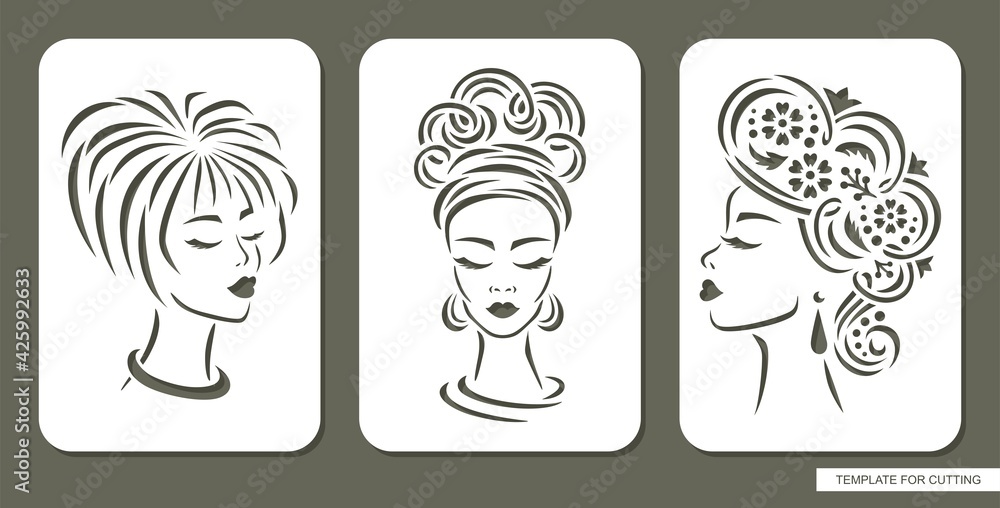 Set of stencils with women faces. Carved panels with beautiful girls ...