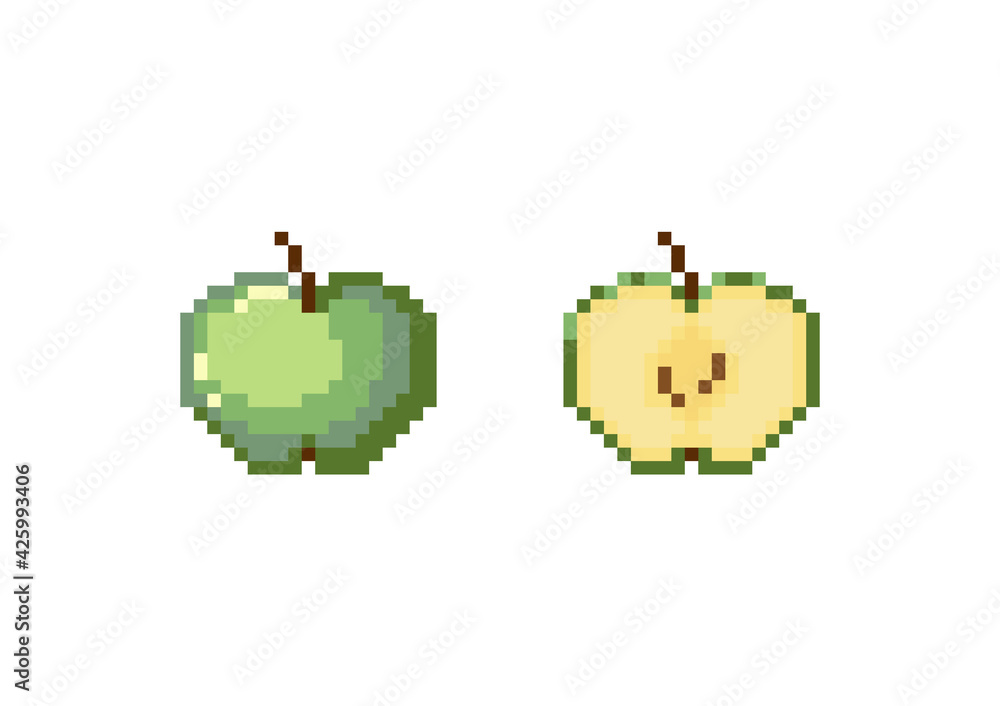 Pixel art green apple icon set. Pixels retro game green apple and half ...