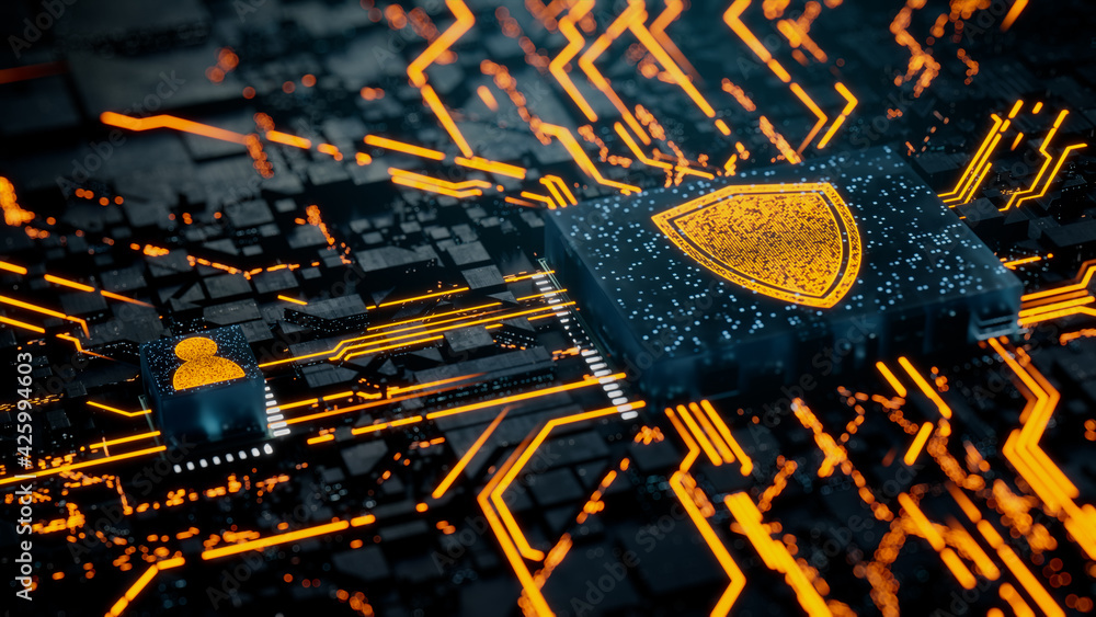 Security Technology Concept with shield symbol on a Microchip. Orange Neon Data flows between ...