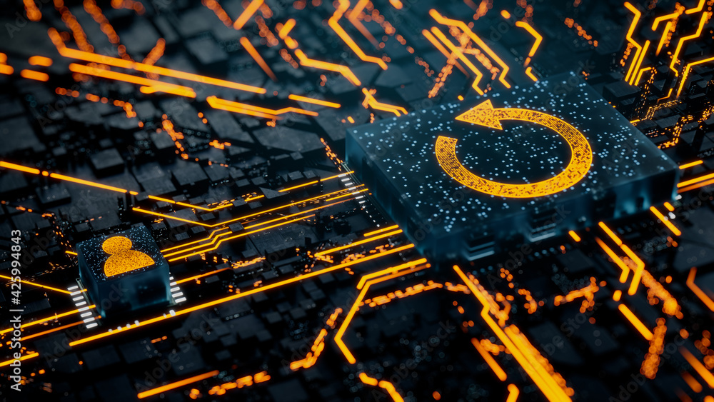 Reload Technology Concept with refresh symbol on a Microchip. Orange ...