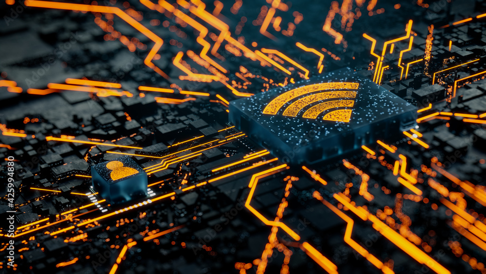Wireless Technology Concept with wifi symbol on a Microchip. Orange ...