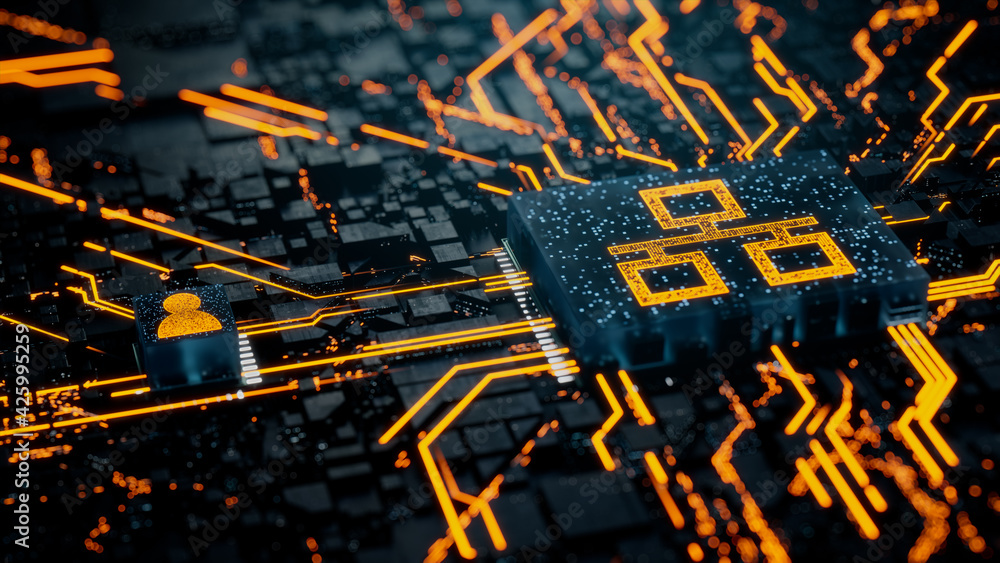 Network Technology Concept with ethernet symbol on a Microchip. Orange ...