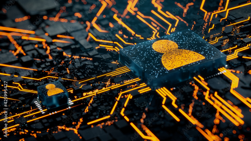 Social Technology Concept with user symbol on a Microchip. Orange Neon ...