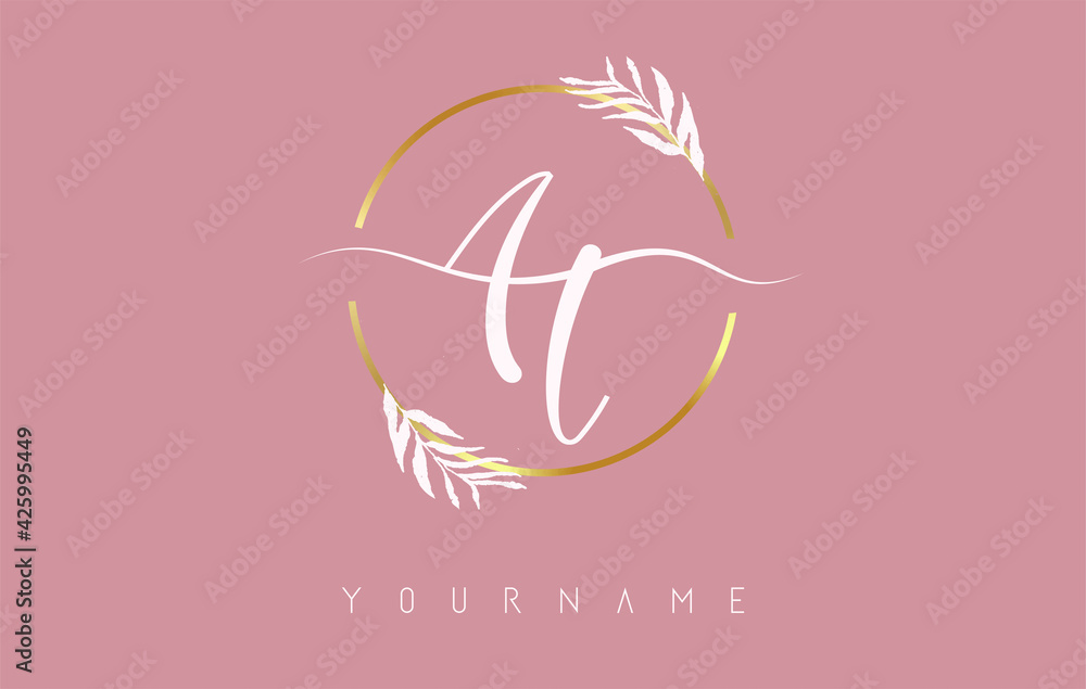 Vetor de AT a t Letters logo design with golden circle and white leaves ...