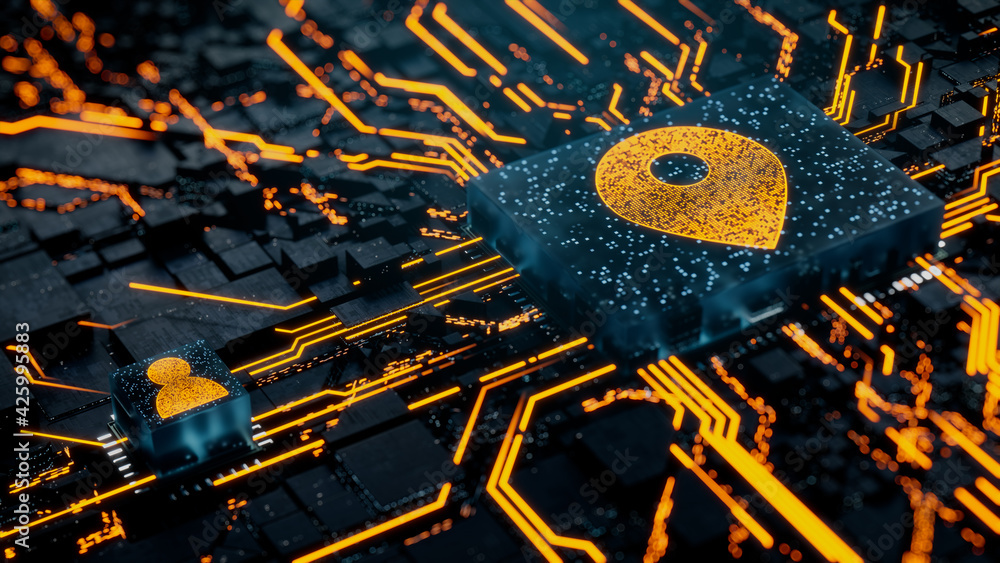 Location Technology Concept with map pin symbol on a Microchip. Orange ...