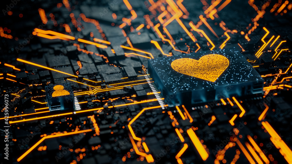 Love Technology Concept with heart symbol on a Microchip. Orange Neon ...