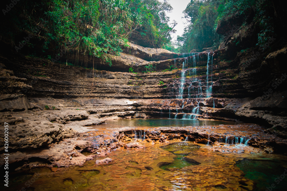 The majestic Wei Sawdong waterfalls in Meghalaya during summer. A 3 ...