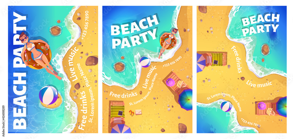 Beach party cartoon flyer with woman floating in ocean on inflatable ...