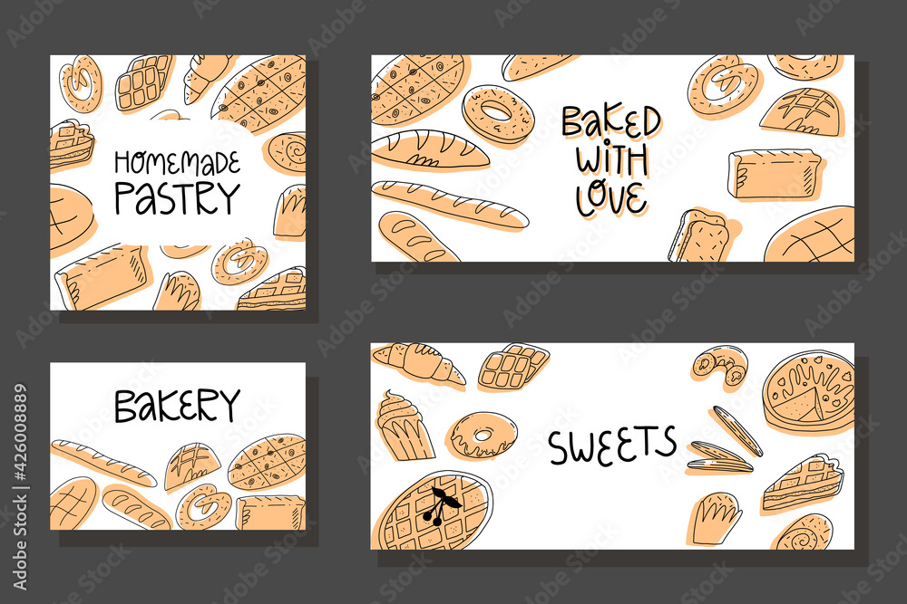 Doodle bakery banner, flyer, calling card template. Various American ...