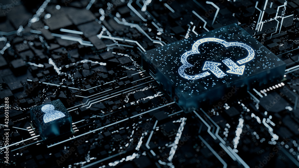 Data Storage Technology Concept With Cloud Symbol On A Microchip White