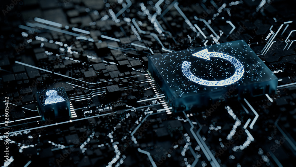 Reload Technology Concept with refresh symbol on a Microchip. White ...