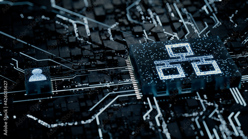 Network Technology Concept with ethernet symbol on a Microchip. White ...