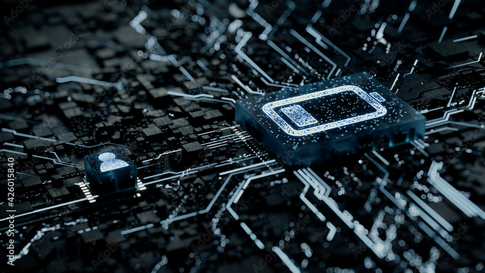 Energy Technology Concept with low battery symbol on a Microchip. White ...