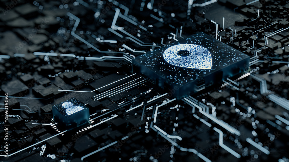 Location Technology Concept with map pin symbol on a Microchip. White ...