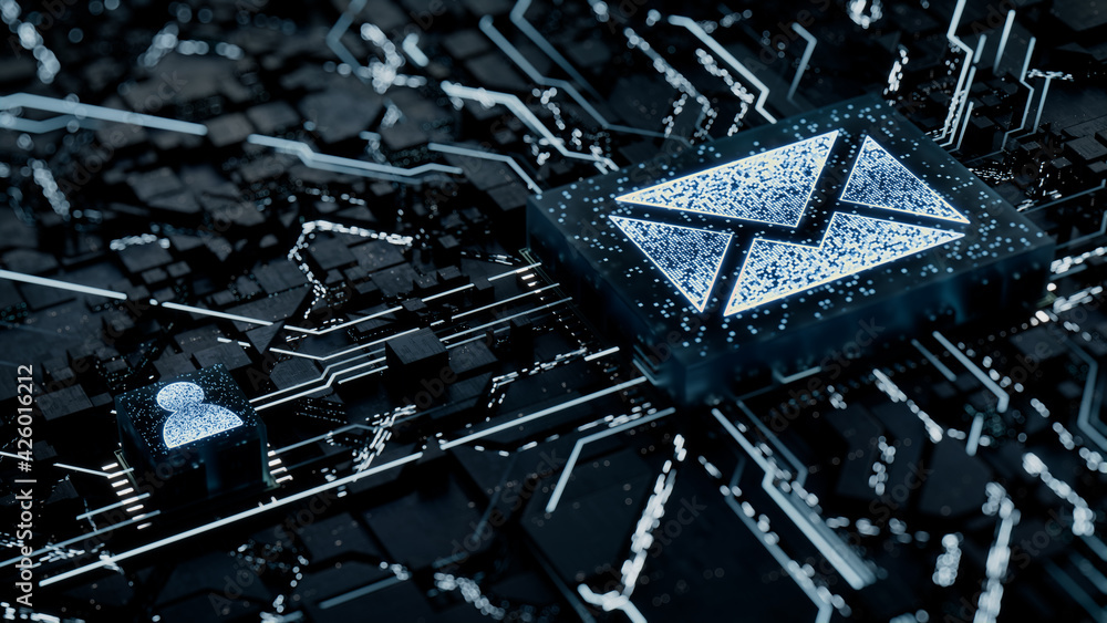Email Technology Concept with Envelope symbol on a Microchip. White ...