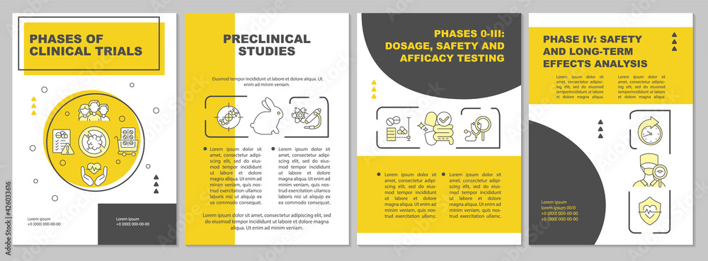 Clinical trial phases brochure template. Dosage, safety, efficiency ...