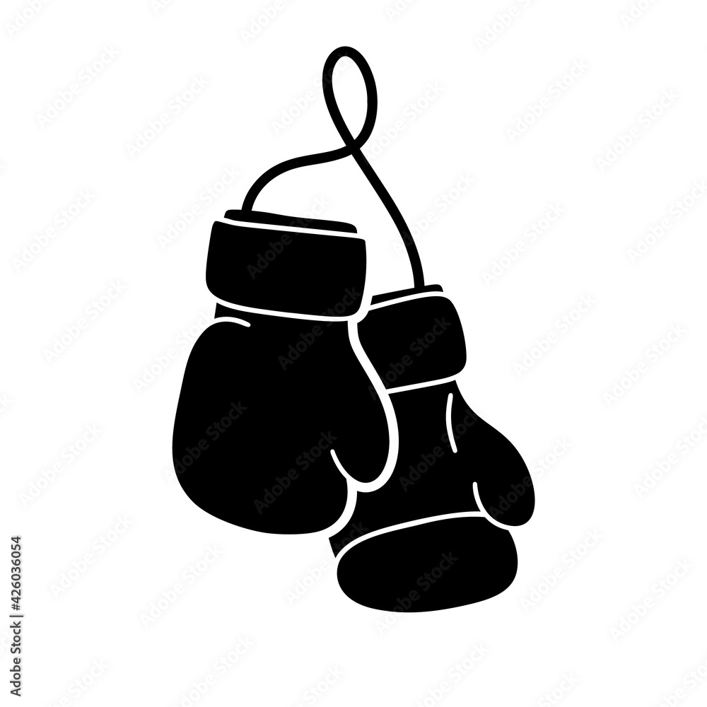 Pair of boxing gloves on string. Silhouette doodle icon. Hand drawn ...