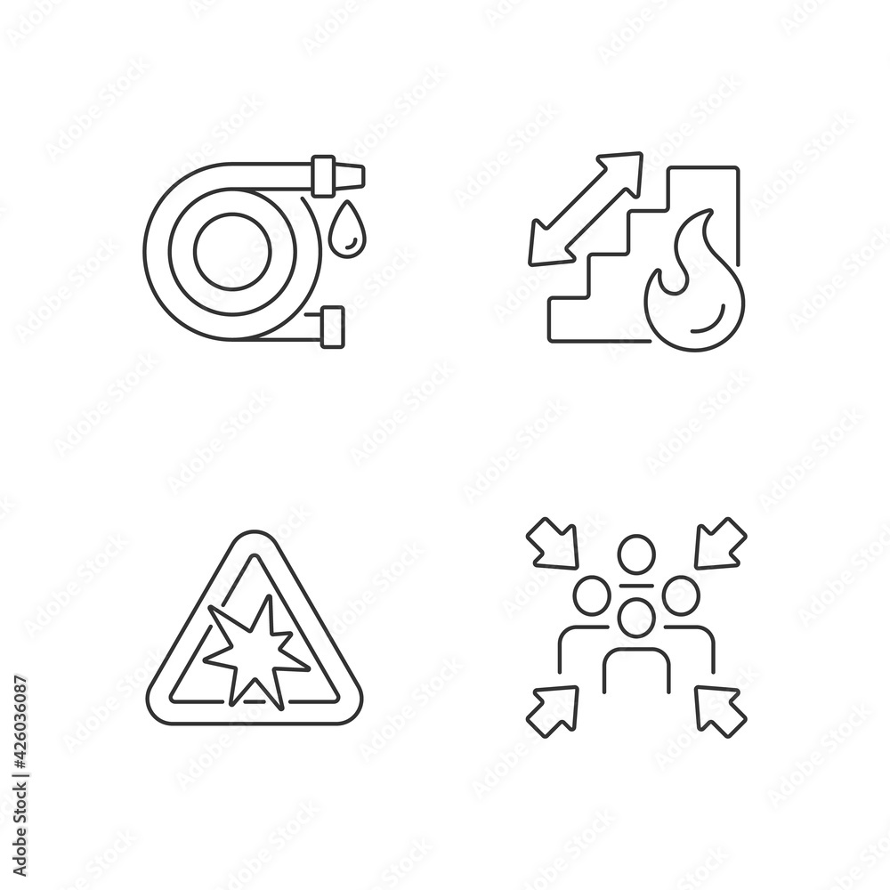 Office fire safety instructions linear icons set. Water hose. Assembly ...