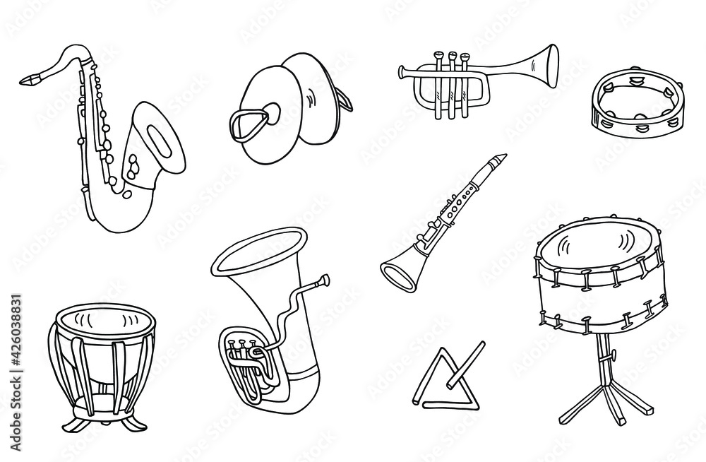 Saxophone, cymbals, tambourine, timpani, triangle, snare drum, tuba ...