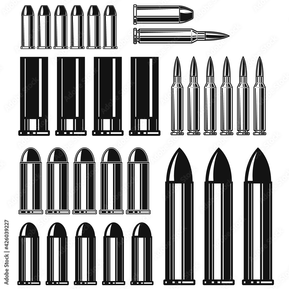Set of Illustrations of bullets and cartridges in vintage monochrome ...