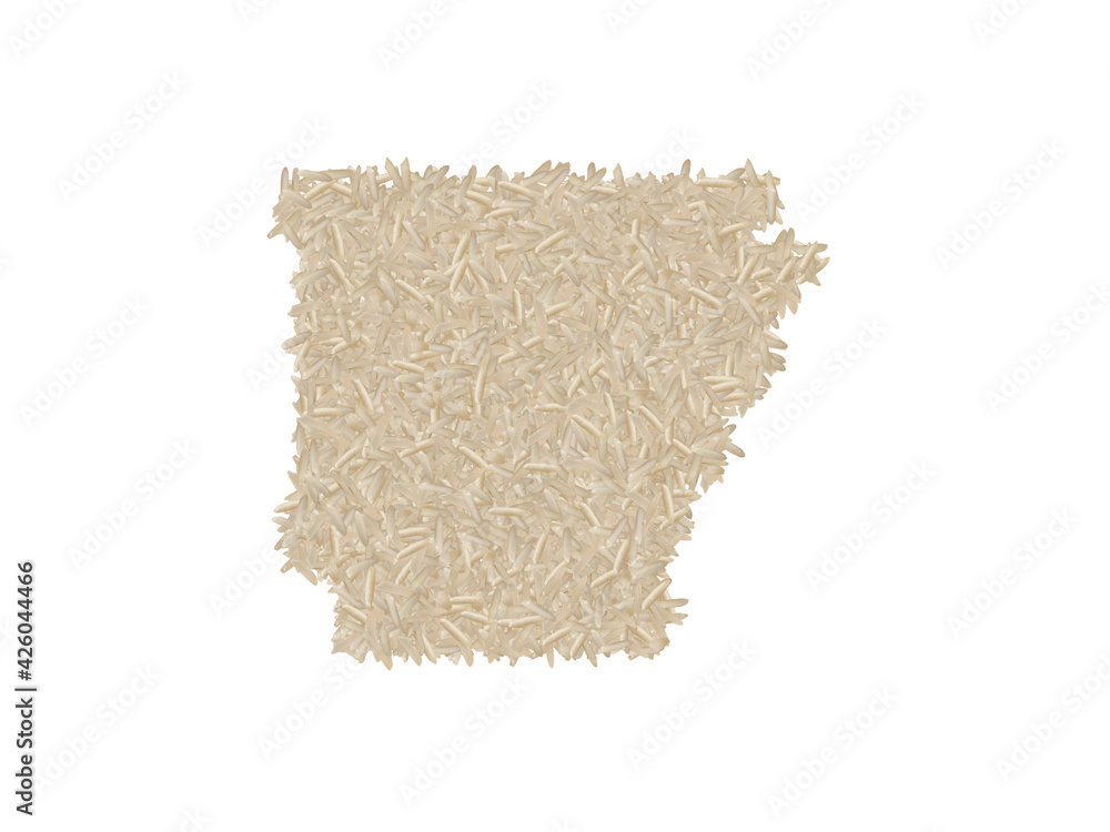 Map or boundary of Arkansas with white rice grains on a white isolated ...