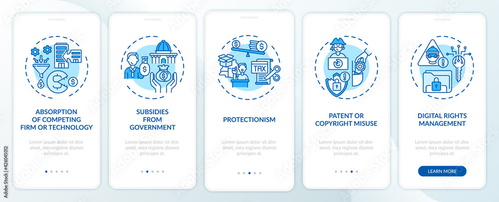 Anti-competitive policy onboarding mobile app page screen with concepts ...