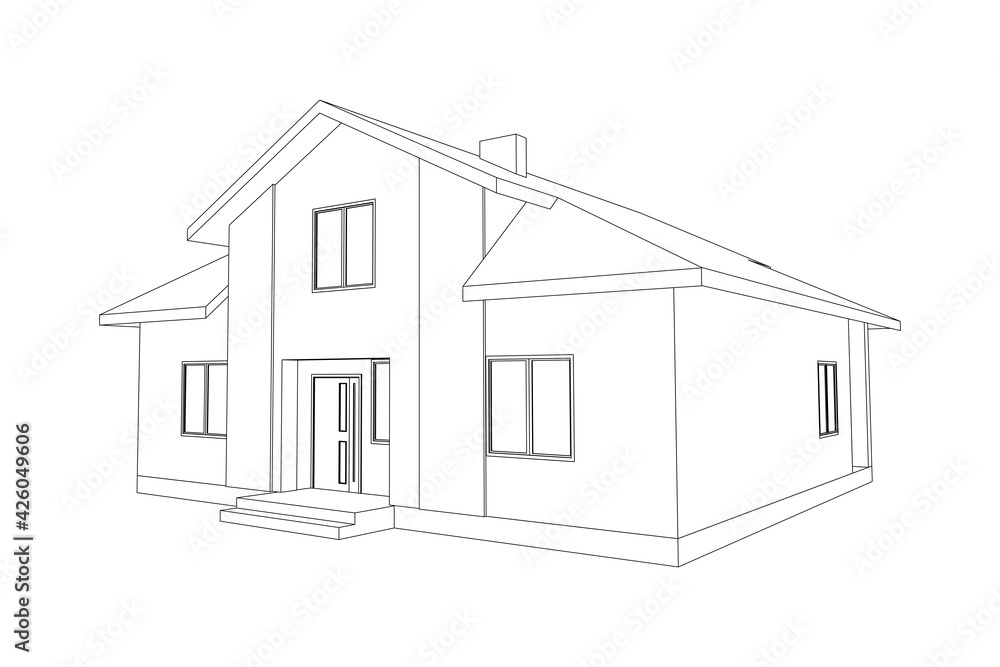 Modern building perspective 3D. Drawing of the suburban house. Outlines ...