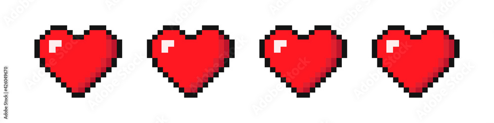 Set of pixel hearts with video games isolated on white background. '8 ...